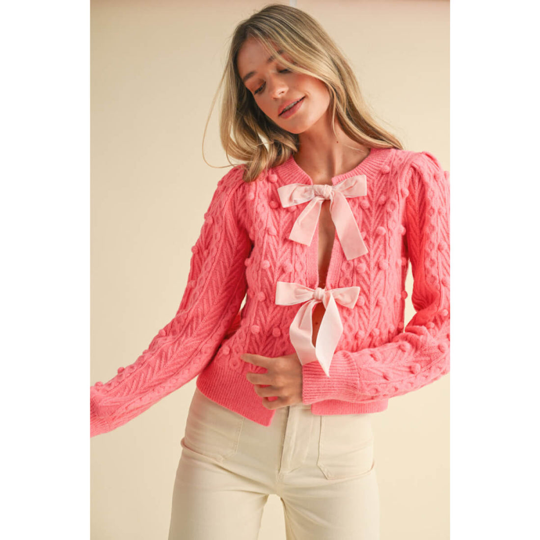 Bow-Front Cable Knit Cardigan | Women's Tops | MILK MONEY